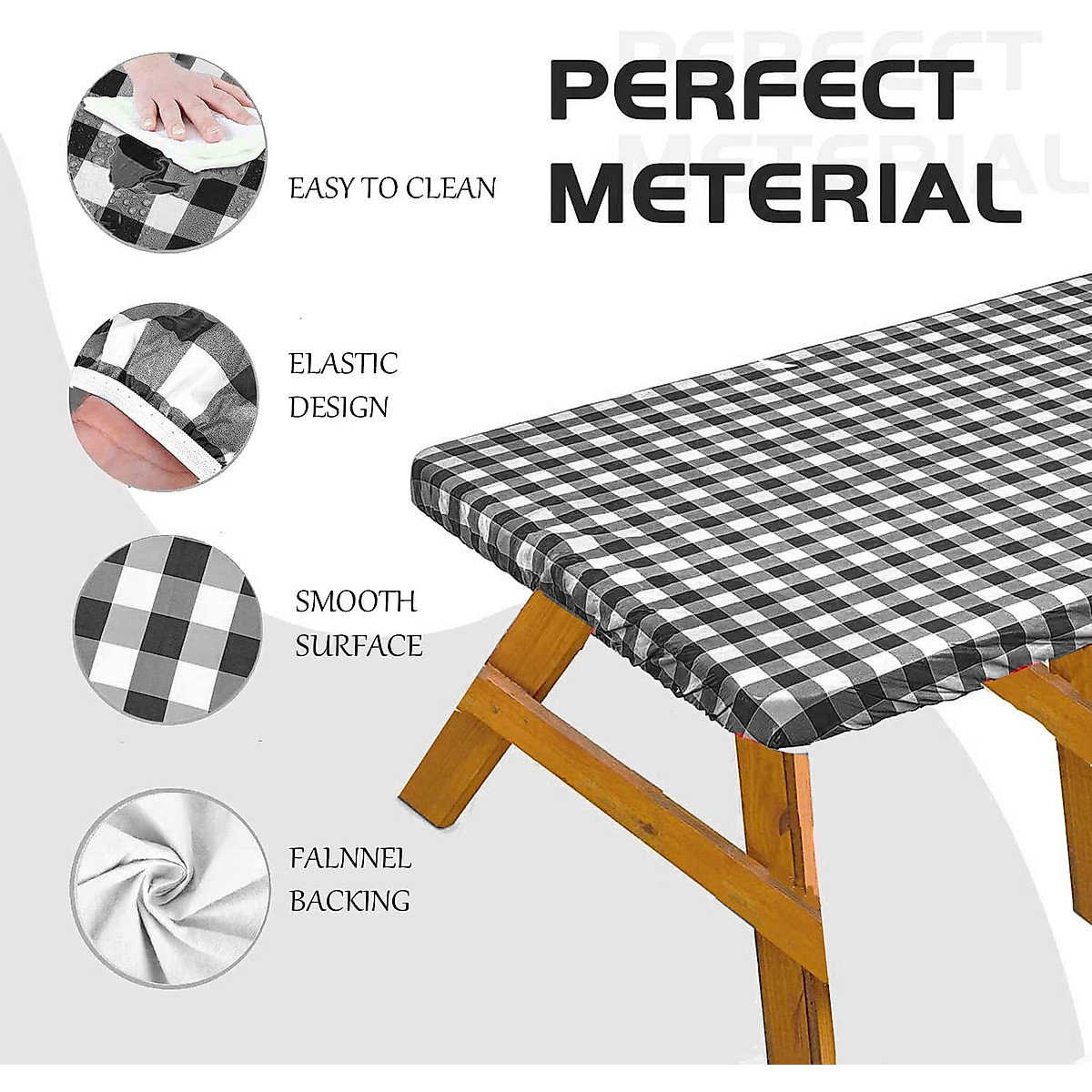 8ft Picnic Table Covers with Bench Cover 96"x30" , 8 Foot Tables Picnic Table Cover 3-Piece Set Flannel Backing Elastic Edge Waterproof Wipeable Plastic Cover for Indoor Outdoor Patio