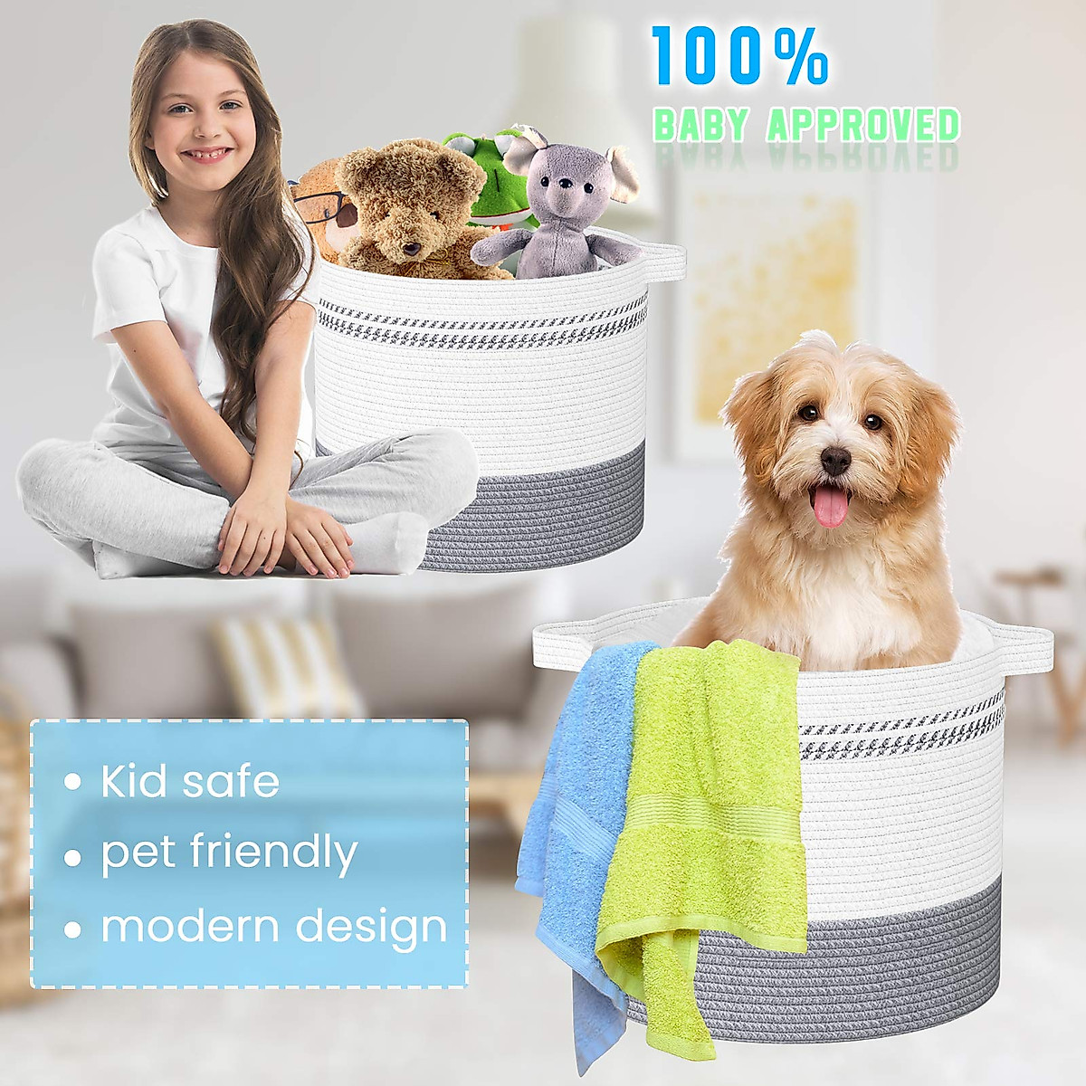 Large Laundry Basket, Cotton Rope Basket, Woven Nursery Hampers, Blanket Basket Living Room, Toy Storage Baskets with Handles, 100% Natural Cotton Woven Baskets for Storage, Decorative Clothes Hamper