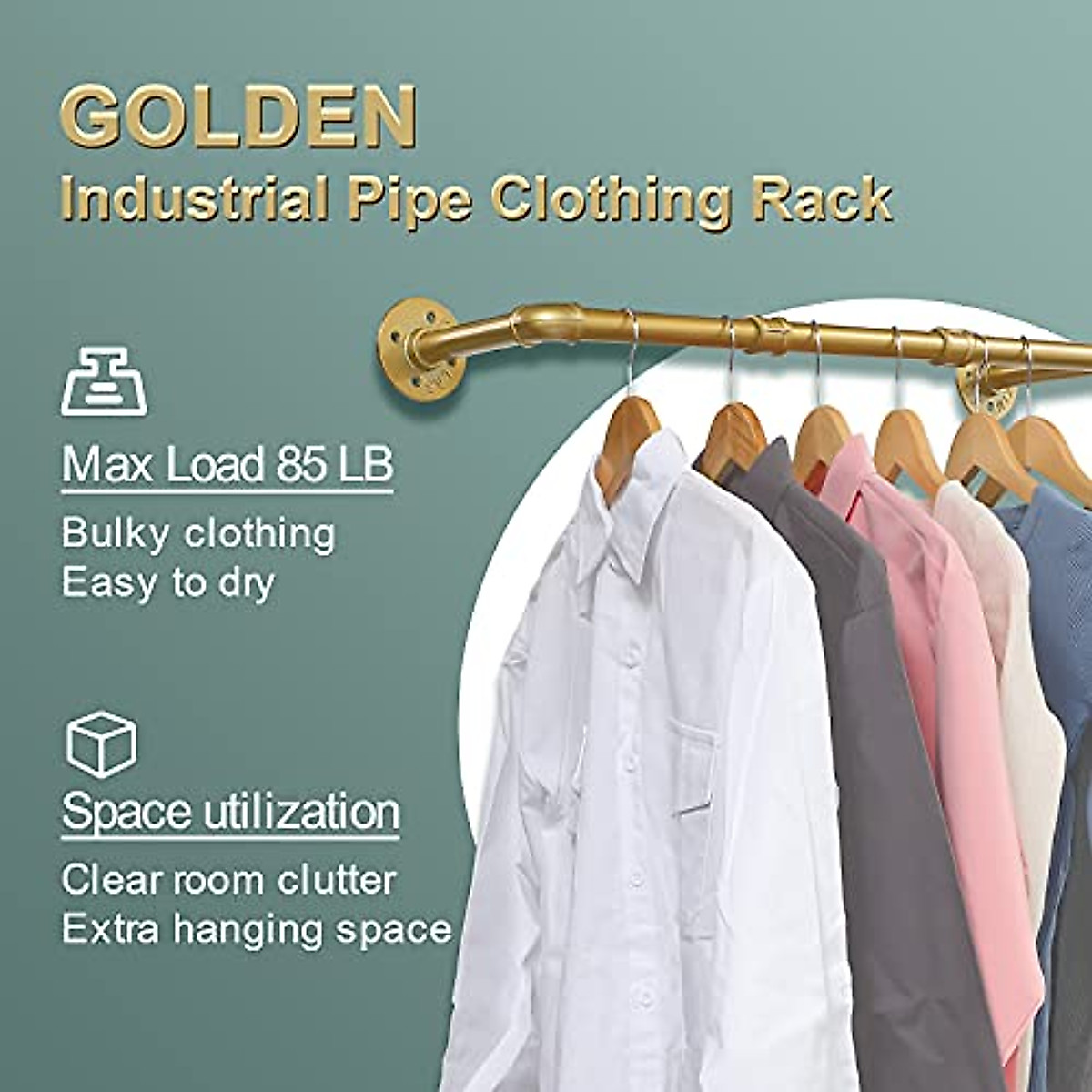 Ihomepark Industrial Gold Pipe Clothing Rack, Wall Ceiling Mounted Clothes Garment Rack 30'', Iron Golden Pipe Clothes Hanging Bar, Heavy Duty Metal Rod for Retail Display Closet Storage