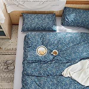 VM VOUGEMARKET Blue Floral Duvet Cover Cotton Botanical Plant Weeds Bedding Set Feminine Comforter Cover with Zipper-Full/Queen,Weeds