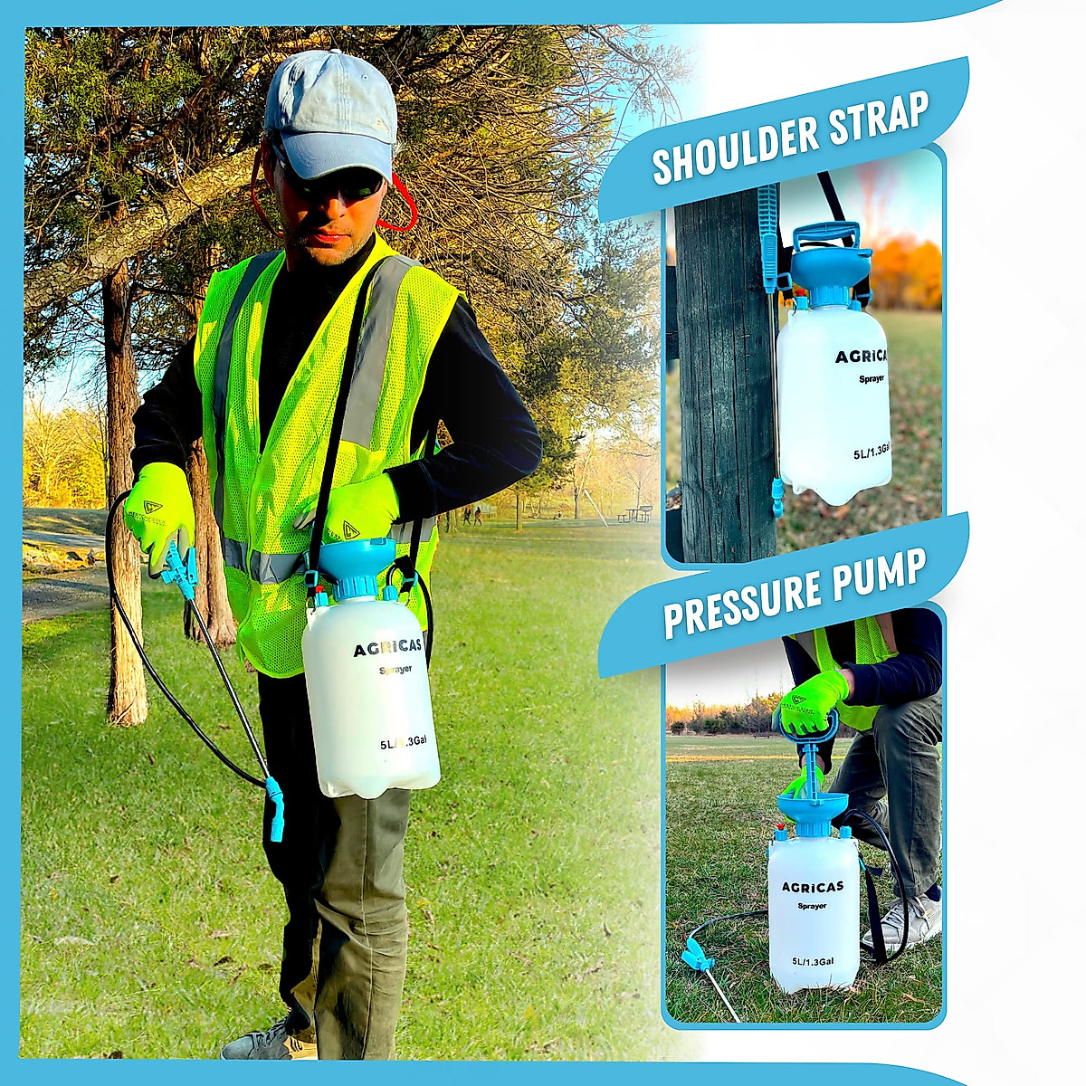 AGRICAS 1.3 Gallon Lawn & Garden Sprayer with Pump and Wand, 5L Pressure Weed Sprayer with Adjustable Nozzles and Shoulder Strap, Yard Pump Sprayer, Large Easy Fill Opening and Safety Valve