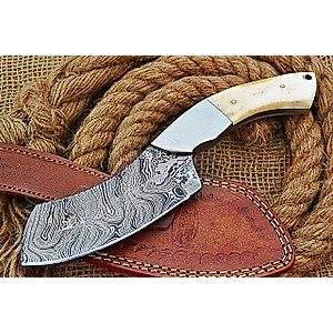 HUNTEX Handmade Hand-Forged Twist Pattern Damascus Steel 9 Inch Long Full Tang Natural Camel Bone Handle Razor Sharp Hunting Camping Cleaver Knife w/Genuine Leather Sheath