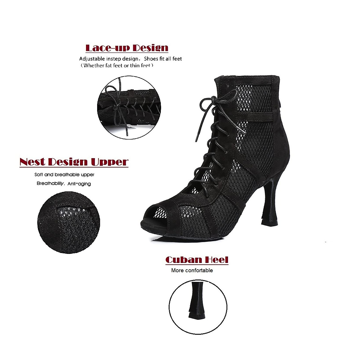 WEISPER Women's Latin Dance Shoes Ballroom Peep Toe Ankle Boots Ballroom Salsa Jazz Bachata Tango Performance(8,S951-Heel 3inch)