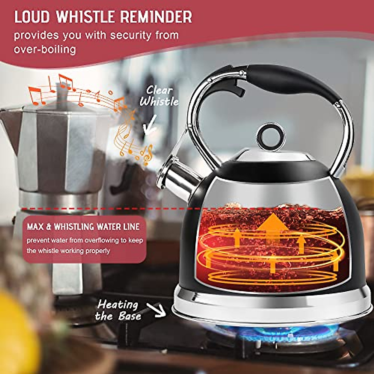 Tea Kettle - HIHUOS 3.17QT Whistling Tea Pots for Stove Top - Sleek 18/8 Stainless Steel Stovetop Kettle, Easy-grip Handle With Trigger Opening Mechanism, 1 Free Silicone Pinch Mitt Included (Black)