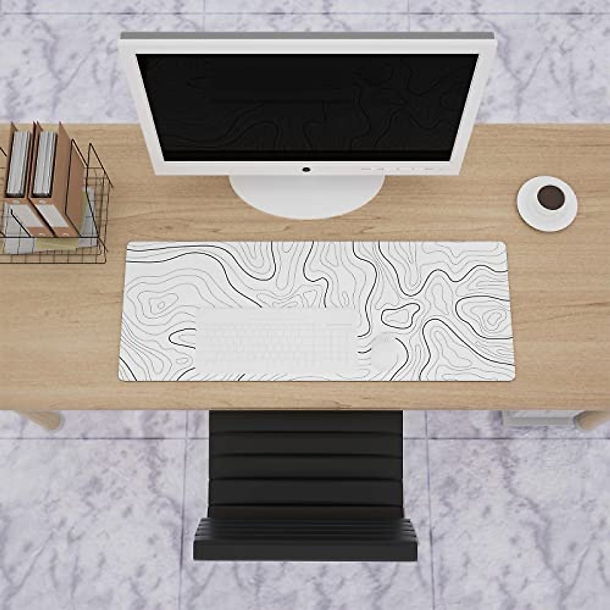 Ovenbird Large Gaming Mouse Pad with Stitched Edges, Minimalist Topographic Map Desk Mat, Extended XL Mousepad with Anti-Slip Base, Cool Desk Pad for Keyboard and Mouse, 31.5 x 11.8 in, White