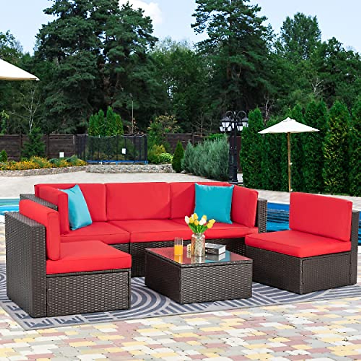 Vongrasig 6 Piece Small Patio Furniture Sets, Outdoor Sectional Sofa All Weather PE Wicker Patio Sofa Couch Garden Backyard Conversation Set with Glass Table,Red Cushions and Blue Pillows (Red)