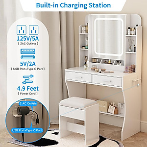 Vanity Desk with Mirror and Lights, Makeup Vanity Table with 2 Drawers and Shelves, Built-in Power Outlet and Hairdryer Holder, 3 Color Modes Available, Vanity Desk with Chair Set for Bedroom, White