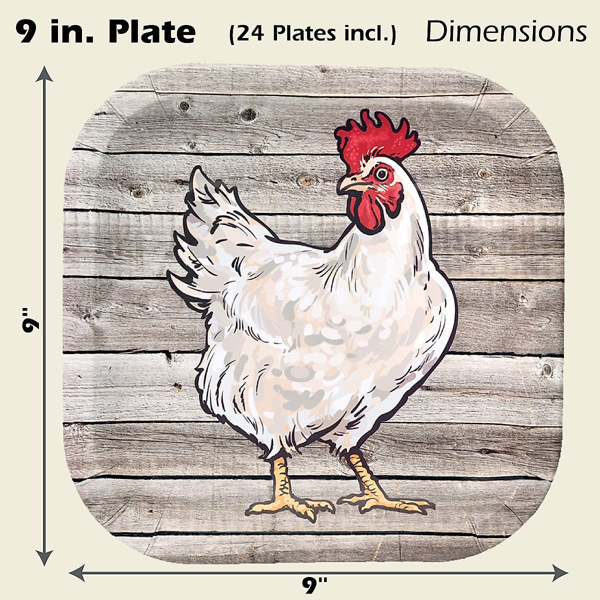 Havercamp Chicken 9” Plates on Barnwood (24 pcs.)! Authentic and Clucky Chicken on a Rustic Barnwood Background. 24 Lg. 9 in. Square Dinner Plates. Pair with the Farm Table Collection!