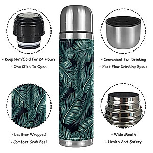 Stainless Steel Leather Vacuum Insulated Mug Tropical Plants Thermos Water Bottle for Hot and Cold Drinks Kids Adults 16 Oz