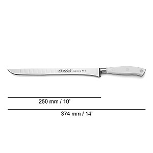 ARCOS Forged Slicing Knife / Ham Knife 10 Inch Nitrum Stainless Steel and 250 mm blade. Ergonomic Polyoxymethylene POM Handle. Series Riviera Blanc. Thin blade with a characteristic smooth edge. Color White.