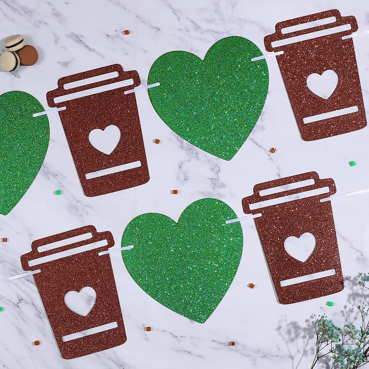 Coffee Bar Banner Green, Glitter Coffee Cup and Heart Garland, Latte Banner for Birthday Bachelorette Engagement Wedding Baby Shower Party, Coffee Bar Wall Table Decorations