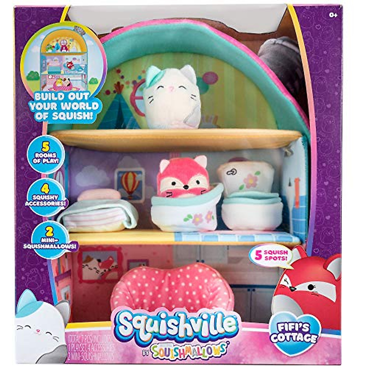Squishville by Squishmallow Fifi’s Cottage Townhouse, 2” Blair and Fifi Soft Mini-Squishmallow and 4 Plush Furniture Accessories, Irresistibly Soft Toys, 3 Floors to Explore, Amazon Exclusive