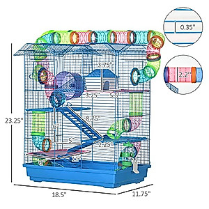 PawHut 18.5" 5 Tier Hamster Cage with Tubes and Tunnels, Small Animal Cage, Rat Gerbil Cage with Water Bottle, Food Dish, Exercise Wheel, Blue