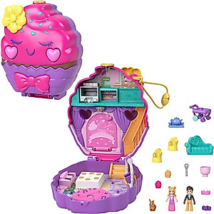 Polly Pocket Compact Playset, Something Sweet Cupcake with 2 Micro Dolls & Accessories, Travel Toys with Surprises