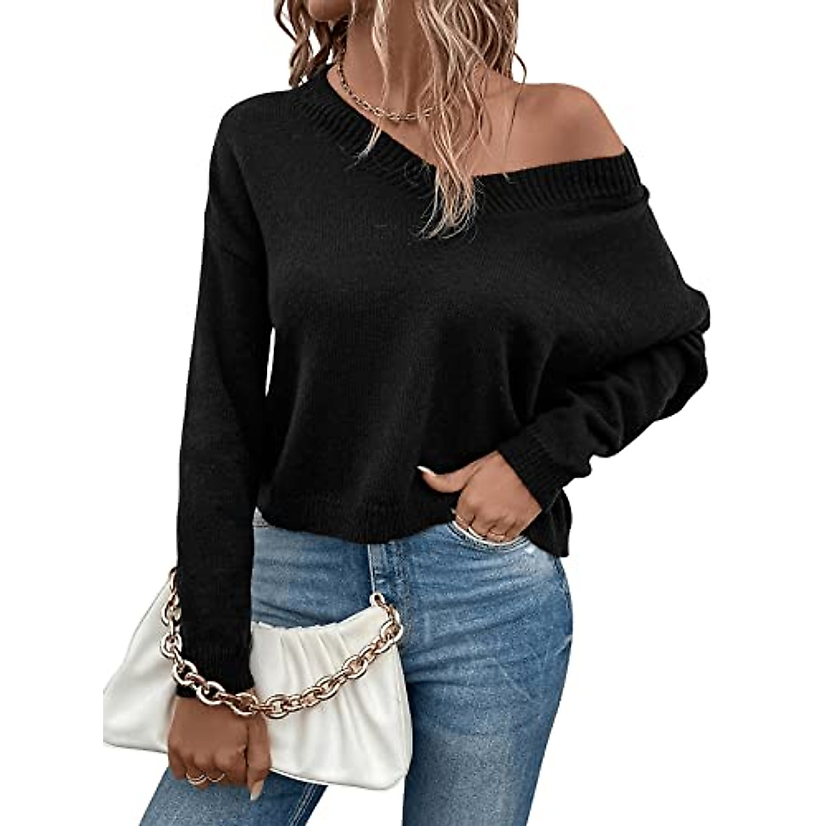 SweatyRocks Women's Casual V Neck Drop Shoulder Pullover Sweater Long Sleeve Knitted Top Black M