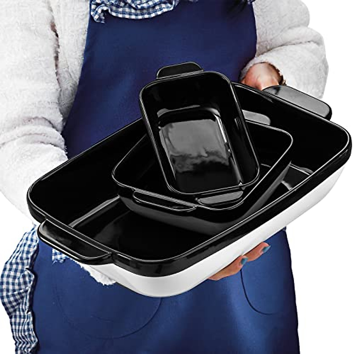 DEAYOU Casserole Baking Dish, 3-Pack Bakeware Set, Ceramic Lasagna Pan, Rectangular Stoneware Baking Pan Set for Oven, Cooking, Cake Dinner, Daily Use, Black and White