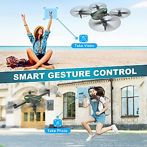 Hiturbo Drone with 1080P Camera for Adults & Kids, Foldable FPV Remote Control Quadcopter Voice Control, Gestures Selfie, Altitude Hold, One Key Start, 3D Flips, 2 Batteries, Green Black