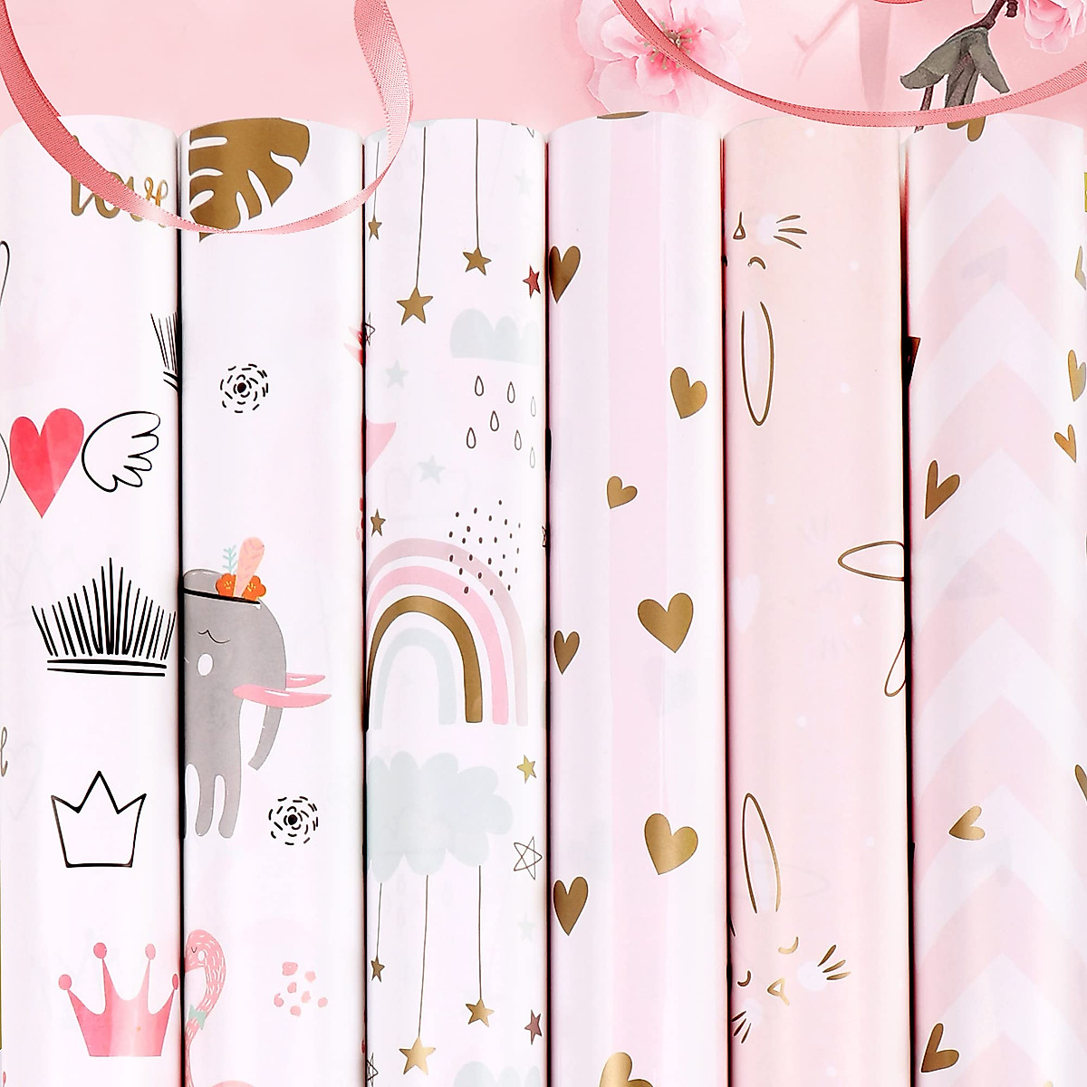 MAMUNU 6 Sheets Gift Wrapping Paper, Pink and Gold Folded Wrapping Paper with Heart, Bunny, Rainbow, Flamingo and Crown Designs for Women Girls Kids Birthday, Valentine's Day, Wedding, Baby Shower 50x70CM