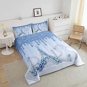 Paris Comforter Set Twin Size,Eiffel Tower Floral Quilt Set 2pcs for Kids Girls Women Boys Room Decor,Blue White Gradient Glitter Bedding Set Romantic Chic French Duvet Insert,1 Pillowcase