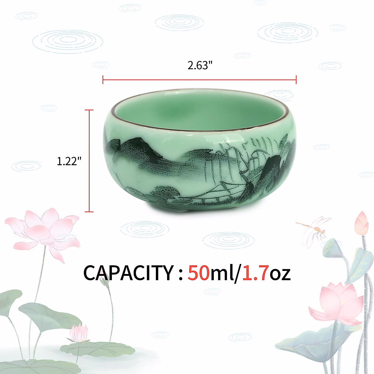 Hotumn Celadon Teacup Porcelain Chinese kungfu Teacup Fishes and Lotus Pattern set of 3