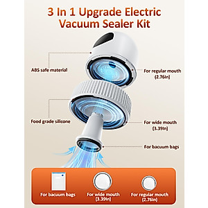 Electric Mason Jar Vacuum Sealer Kit - 3 in 1 Automatic Vacuum Sealer for Wide & Regular Mouth Mason Jars Vacuum Bags, Rechargeable Portable Vacuum Sealer for Jars for Food Storage