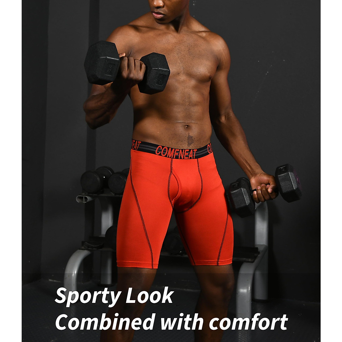 Comfneat Men's 9" Long Boxer Briefs Sports Performance Breathable Underwear 4-Pack (M, Red+Black(Red) 4-Pack)