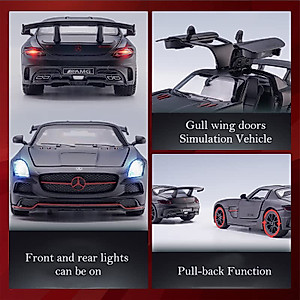 iLooboo Alloy Collectible Black Benz SLS AMG Toy Vehicle Pull Back Die-Cast Car Model with Lights and Sound