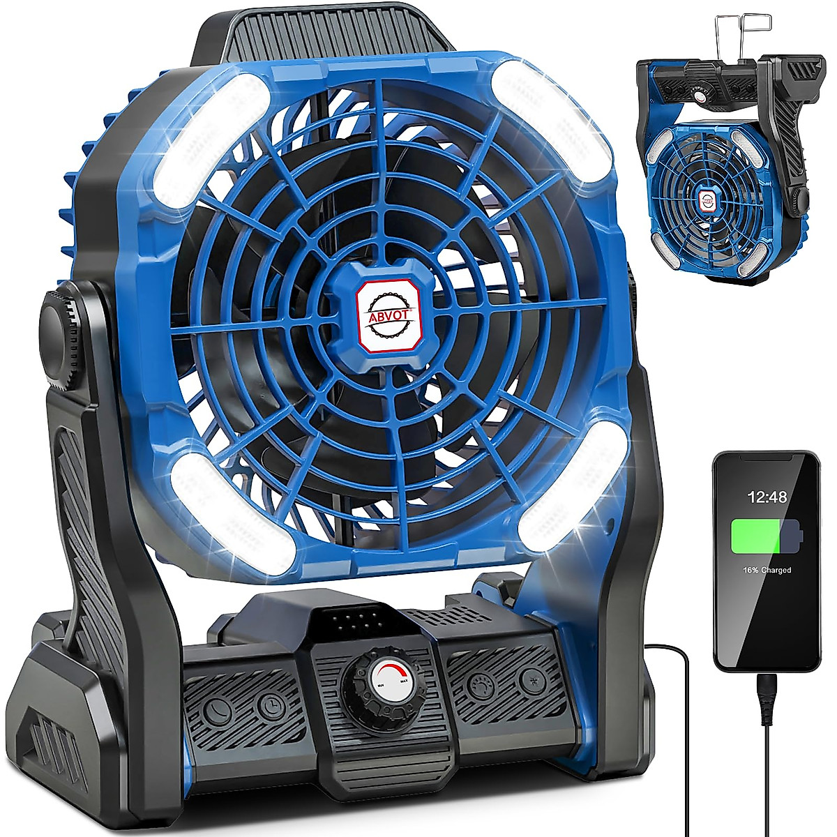 ABVOT 20000mAh Camping Fan with 4 LED Lights, Rechargeable Fan Portable, Stepless Speed and Adjustable Timer Settings for Picnic, Barbecue, Fishing, Travel