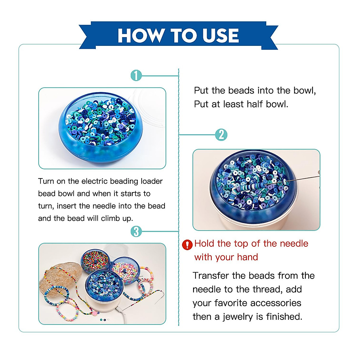 Hobbyworker Electric Clay Bead Spinner Kit with 3pcs Bead Trays 2pcs Bead Spinner Needles, 1000pcs Clay Beads and 1300pcs Seed Beads 8m Elastic Cord for Bracelet Necklace Jewelry Making (Patented)