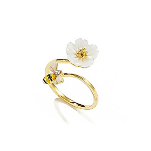 Cute Honey Bee CZ Daisy Flower Adjustable Statement Open Wrap Band Finger Rings Women Dainty Fashion 925 Sterling Silver 14K Gold Plated Animal Engagement Shell Pearl Tail Ring Delicate Jewelry Gifts Her Daughter Bff Birthday