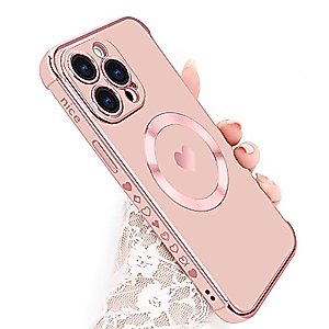 L-FADNUT Magnetic Case for iPhone 14 Pro Max Women Girls Luxury Plating Cute Love Heart Soft Back Cover Full Camera Lens Protection MagSafe Phone Case iPhone 14 Pro Max Case Pink