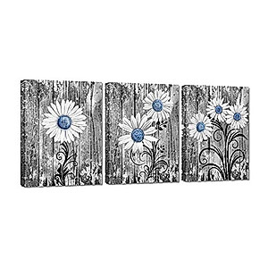 Zlove 3 Pieces Bathroom Picture Wall Decor Rustic Blue Daisy Flowers Giclee Print Gallery Wrap Modern Floral Home Kitchen Decor Ready to Hang 12x16inchx3pcs