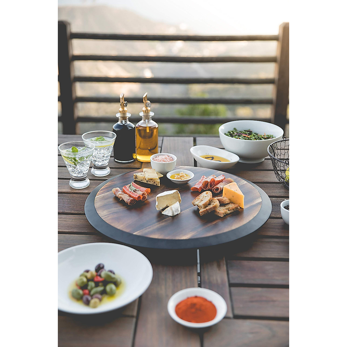 TOSCANA - a Picnic Time Brand Lazy Susan Tray Wooden Turntable Round Charcuterie Board, Cheese Serving Platter, (Fire Acacia Wood)