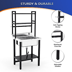 VINGLI 67"H Commercial Sink 304 Stainless Steel Sink with Adjustable Shelves and Hanging Rod with Hooks, Freestanding Utility Sink for Restaurant Kitchen Laundry Room Garage, Bowl Size 21"Wx16"Dx9"H