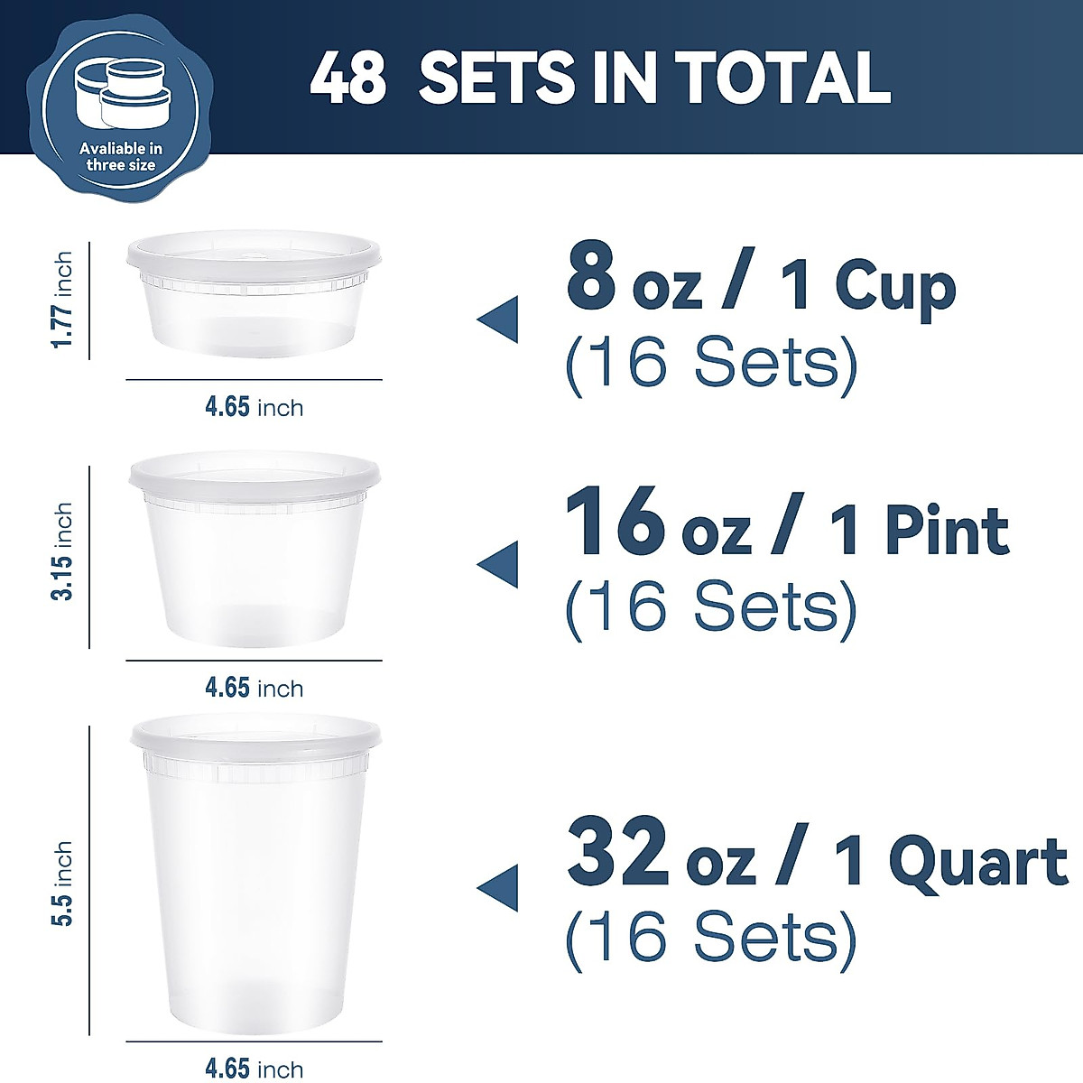 Deli Containers with Lids 48 Sets (8, 16, 32 oz 16 Each) - Clear Soup Containers Plastic Quart Containers with Lids, Pint Take out Containers Leakproof, BPA Free, Dishwasher/Microwave/Freezer Safe