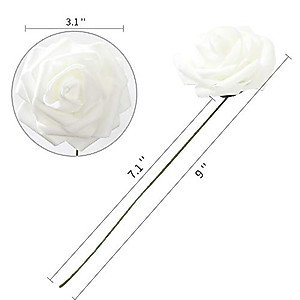 DerBlue 60pcs Artificial Roses Flowers with stem and 10pcs Green Leaves Real Looking Fake Roses Artificial Foam Roses Decoration DIY for Wedding,Arrangements Party Home Decorations