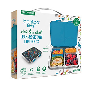 Bentgo® Kids Stainless Steel Prints Leak-Resistant Lunch Box - New Improved 2022 Bento-Style with Updated Latches, 3 Compartments & Bonus Container - Eco-Friendly, Dishwasher Safe, BPA-Free (Dinosaur)
