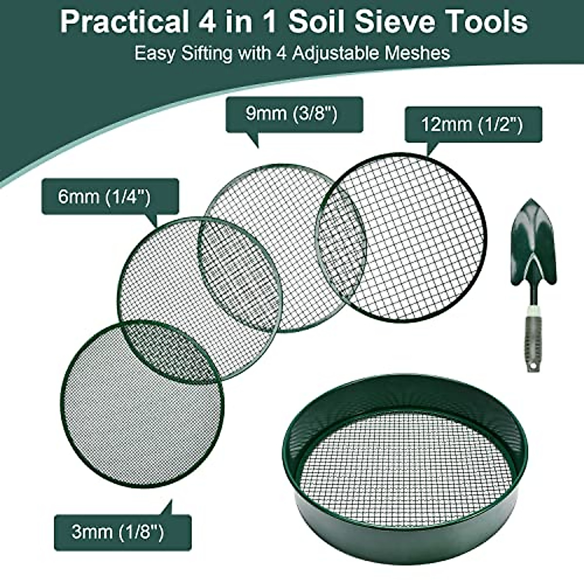 Soil Sieve Garden Riddle Sieve 12" Diameter, Fine Mesh Soil Sieve, Potting Sieve with 4 Interchangeable Filter Mesh Sizes 3,6,9,12mm and Shovel