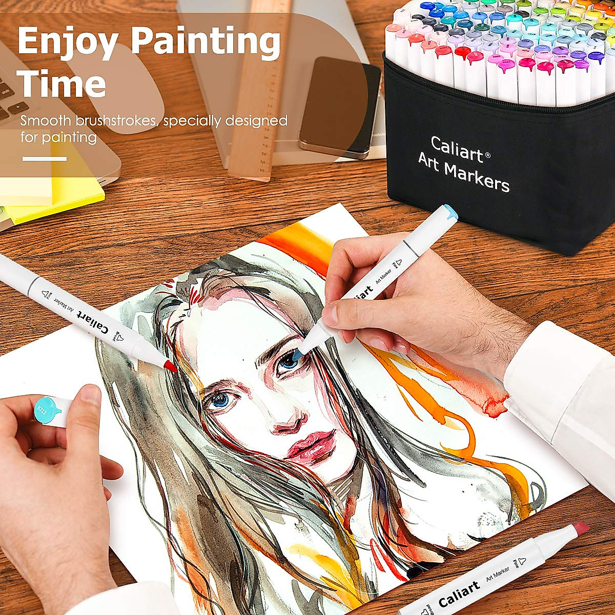 Caliart 100 Colors Artist Alcohol Markers Dual Tip Art Markers Twin Sketch Markers Pens Permanent Alcohol Based Markers with Case for Adult Kids Coloring Drawing Sketching Card Making Illustration