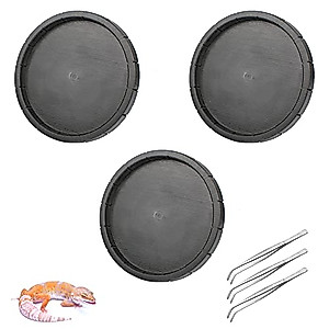 Lucky Interests 3pcs Reptile Food Water Bowl, Round Basin Tortoise Food Dish with 3 Tongs, Black Lightweight Reptile and Amphibians Feeder Shallow Reptile Food Container for Turtle, Lizard, Gecko