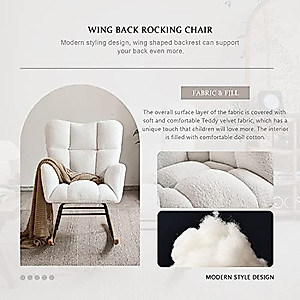 Ljirnt Nursery Rocking Chair, Teddy Fabric Upholstered Glider Rocker with High Backrest, Modern Rocking Accent Chairs Comfy Side Chair for Nursery, Bedroom, Living Room (Ivory)