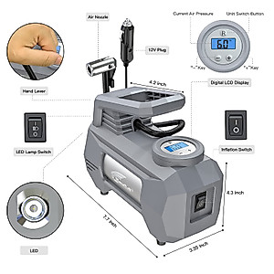 HAUSBELL tire inflator portable air compressor for car, portable air pump for car tires, Handle up to 4 Tires at a Time, 12V DC Car Air Pump, 150 PSI with Emergency LED Light (Grey)