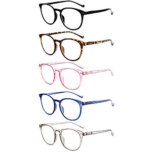 Kerecsen 5 Pack Reading Glasses for Women and Men Large Frame Round Readers Spring Hinges (5 Pack Mix Color, 2.25)