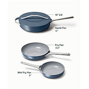 Caraway Fry Pan Trio - Non-Stick Frying Pans (10.5” & 8”) & Non-Stick Saute Pan - Non Toxic, PTFE & PFOA Free - Oven Safe & Compatible with All Stovetops (Gas, Electric & Induction) - Navy