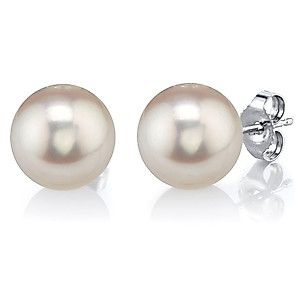THE PEARL SOURCE AAAA Quality 14K Gold Plated 9mm Sterling Silver White Freshwater Real Pearl Earrings for Women | Hypoallergenic Earrings with Genuine Cultured Pearls