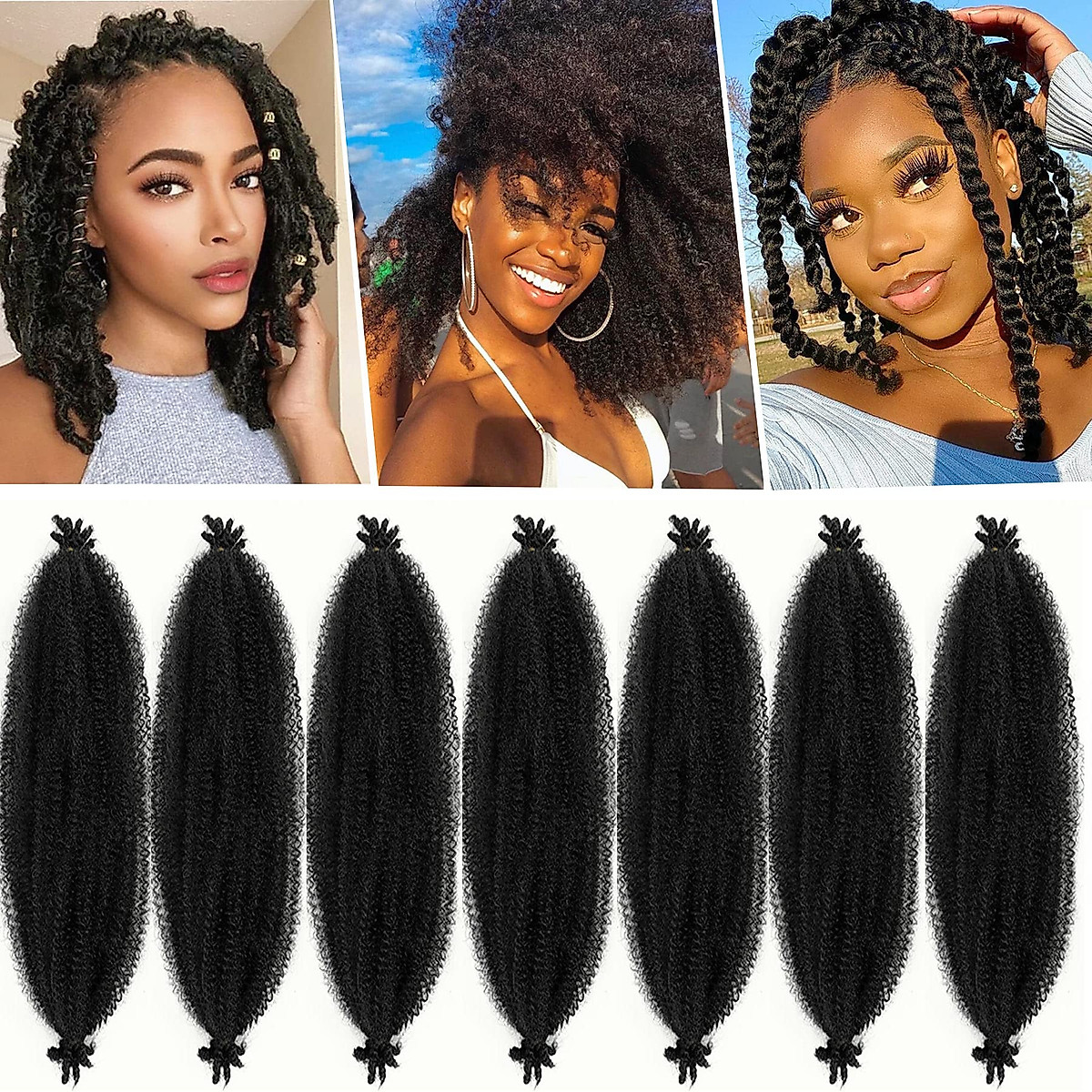 Pre-Fluffed Spring Twist Hair, Pre-Stretched Marley Twist Braiding Hair, 16 Inch 7 Packs Soft Springy Afro Braiding Hair For Black Women Crochet Hair, Twisted Up Crochet Braids(16inch,7packs,1B#)