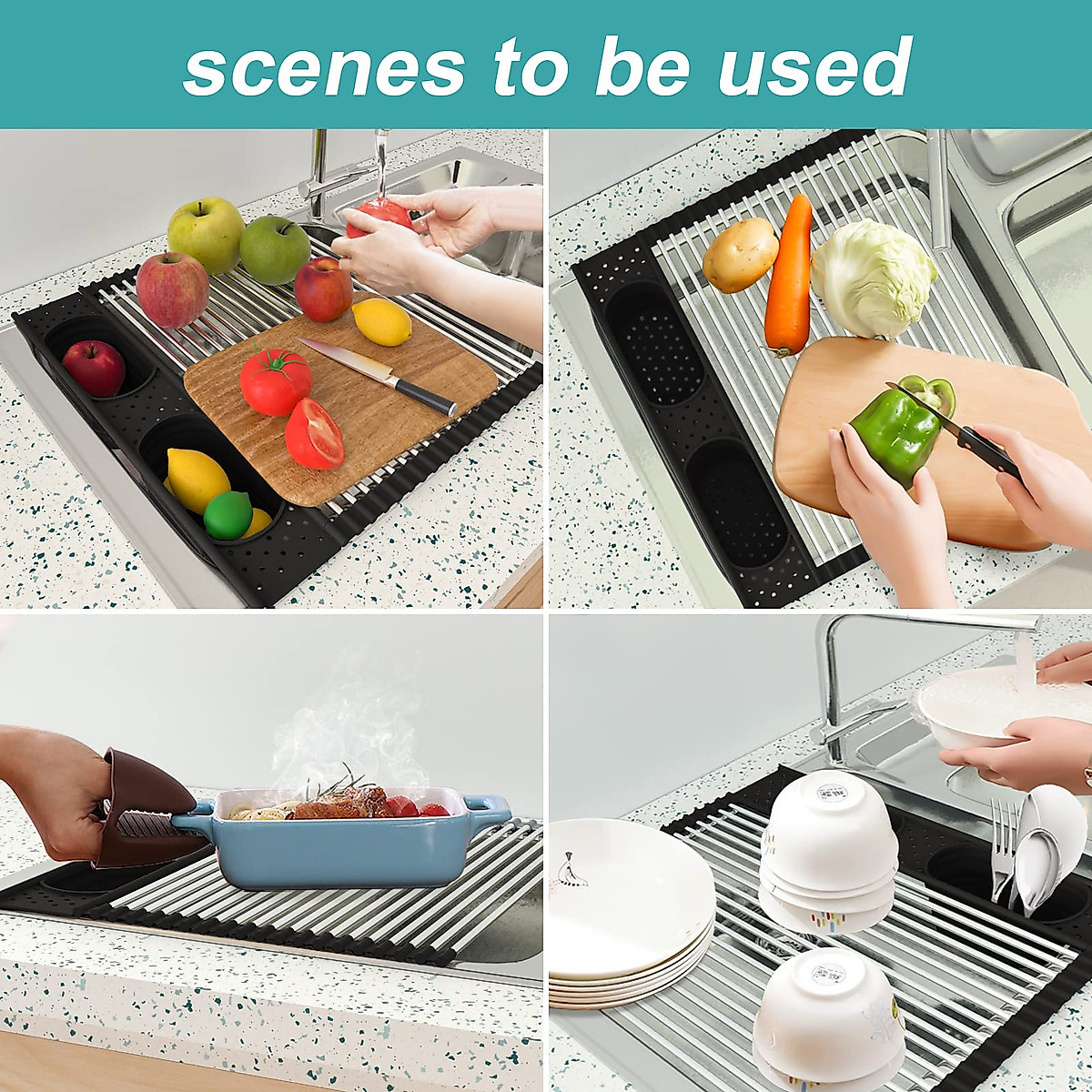 AIANDE Roll Up Dish Drying Rack Sink Drying Rack Over The Sink Dish Drying Rack Sink Topper Foldable Sink Cover Collapsible Dish Drying Rack for Kitchen Anti-Slip Silicone and SUS304 Material