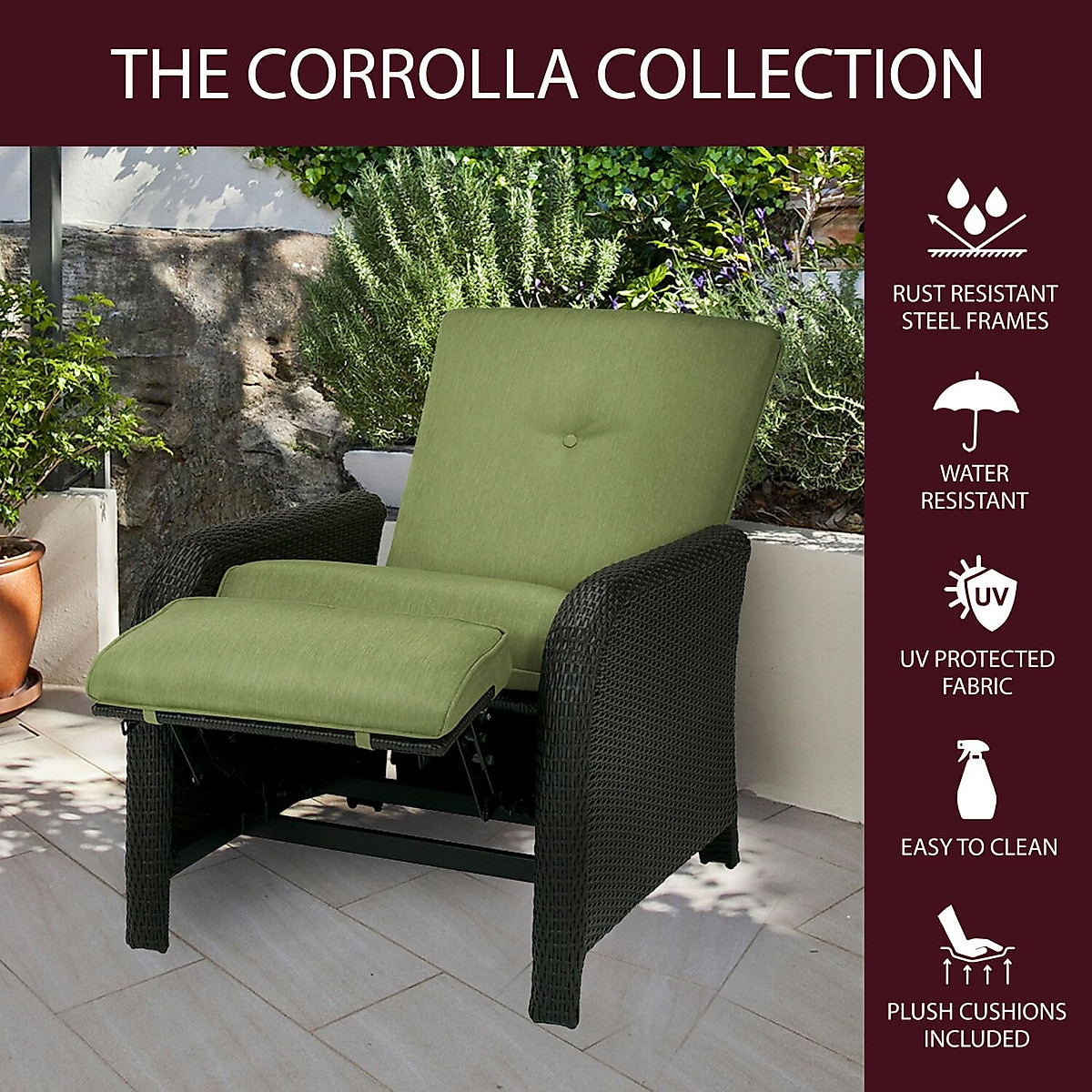 Cambridge Corrolla Outdoor Luxury Patio Recliner with Rust Resistant Powder Coated Steel Frames, Handwoven Brown Resin Wicker, and Thick Plush Foam Cushions in Green, 1 Piece