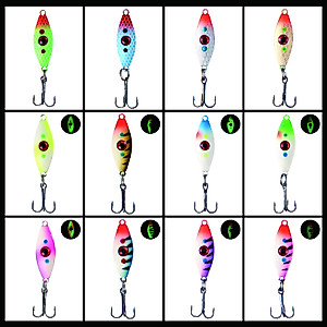 BASSDASH Ice Fishing Lure Kit Glowing Paint Jigs for Winter Ice Jigging Crappie Sunfish Perch Walleye Pike with Tackle Box (BI06-12pcs Assorted Perch/Walleye/Pike jigs)