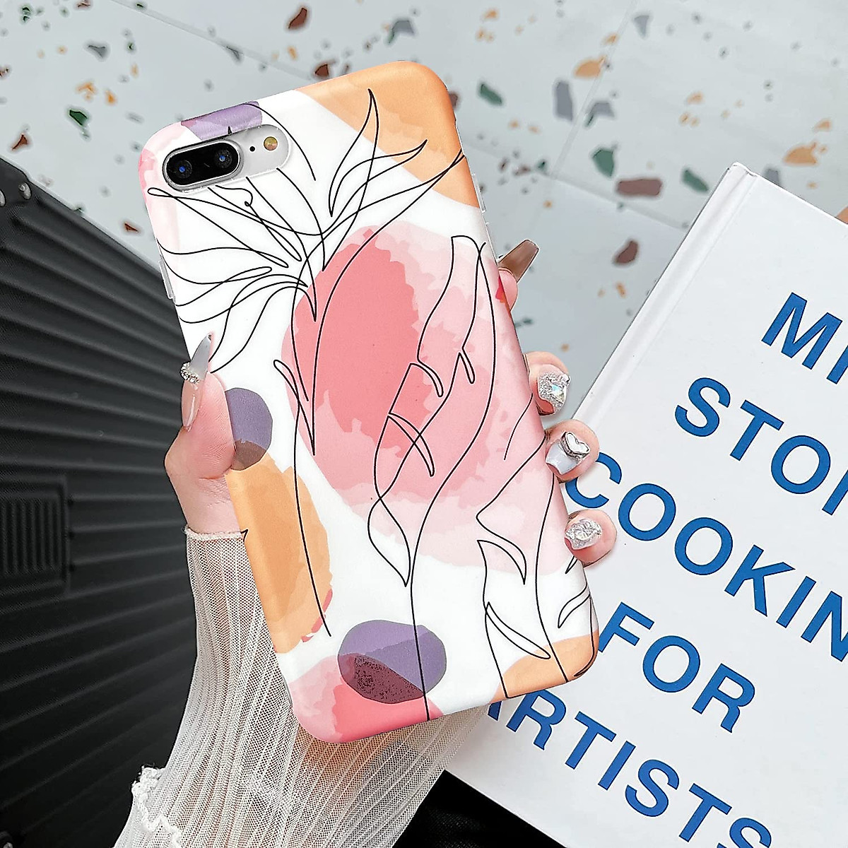 J.west iPhone 8 Plus,iPhone 7 Plus Case 5.5, Aesthetic Watercolor Minimalist Boho Abstract Prints Slim Geo Line Plant Palm Leaf Pattern Pink Soft TPU Shockproof Cover Protective Phone Case for Women